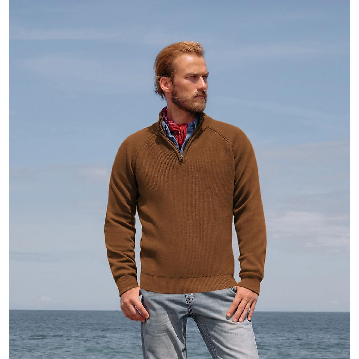 PJ PAUL JONES Mens Brown Sweater Turtleneck Men Quarter Zip Pullover Fall Sweaters for Winter XL