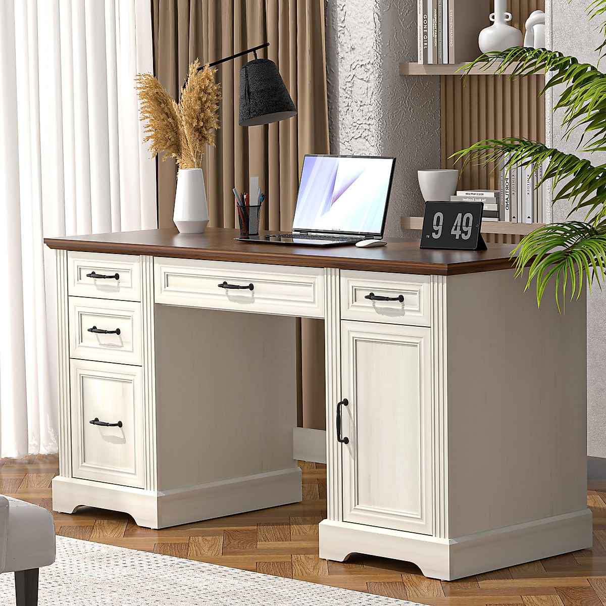 AHB 58" Executive Desk, Home Office Desk with Drawers and Cabinet, Wooden Workstation with Storage, Farmhouse Desk for Writing, Studying, Working