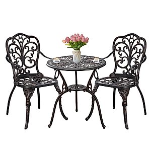 Withniture Bistro Set 3 Piece Outdoor Bistro Table and Chair Set of 2 Cast Aluminum Patio Furniture with Umbrella Hole,Patio Bistro Table Sets for Garden,Yard(Brown)