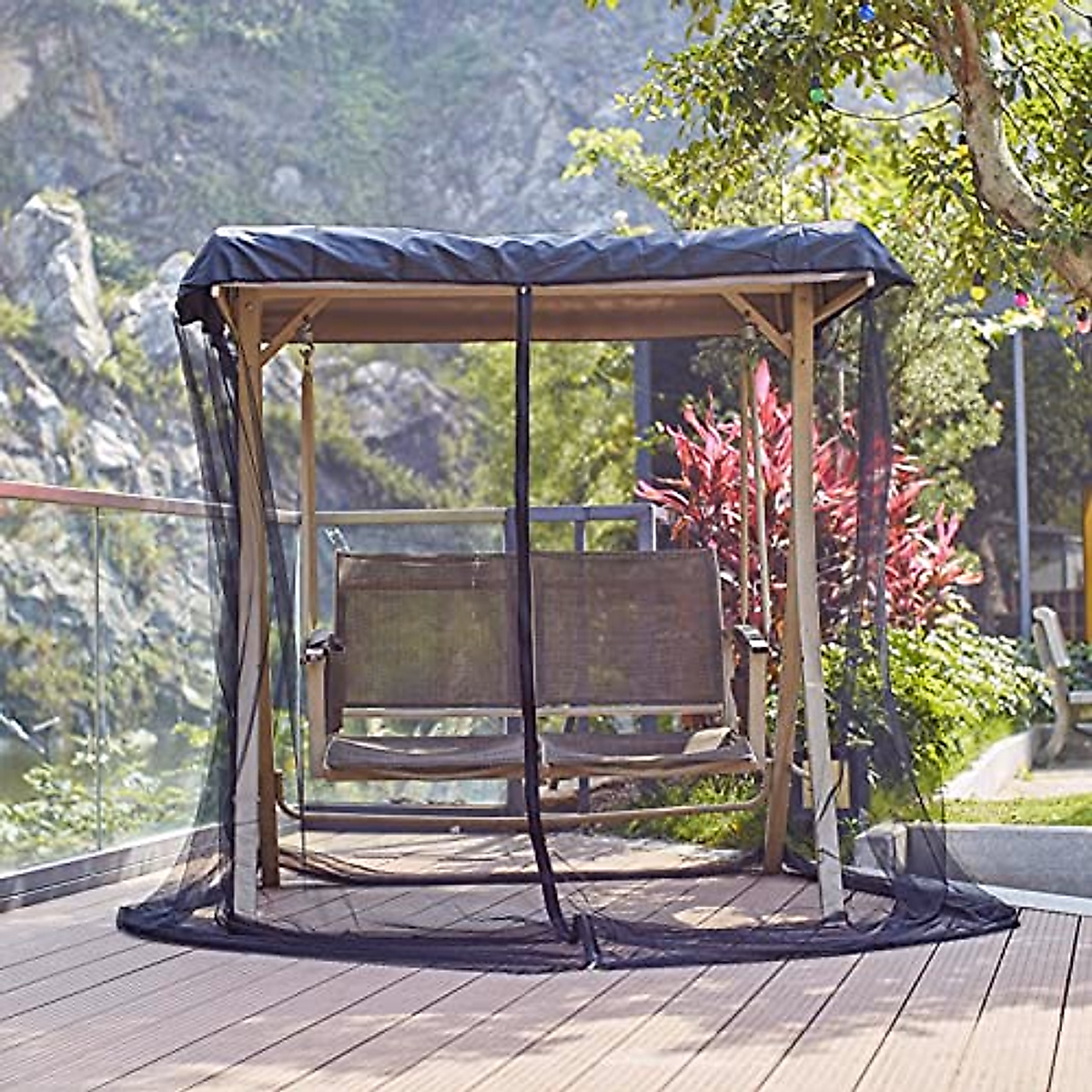 Patio Swing Mosquito Netting - Polyester Mesh Screen with Zipper Opening and roof Waterproof Tent - Rectangle Netting Curtain (Three-Person Chair Size)