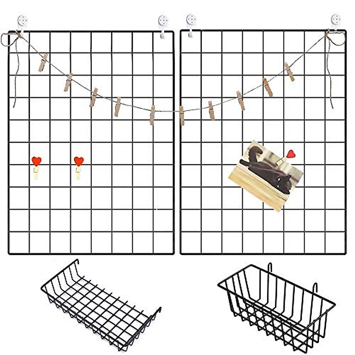 GBYAN 2 Pack Wall Grid Panels with Baskets Photo Display Wire Wall Organizer for Hanging Memo, Picture