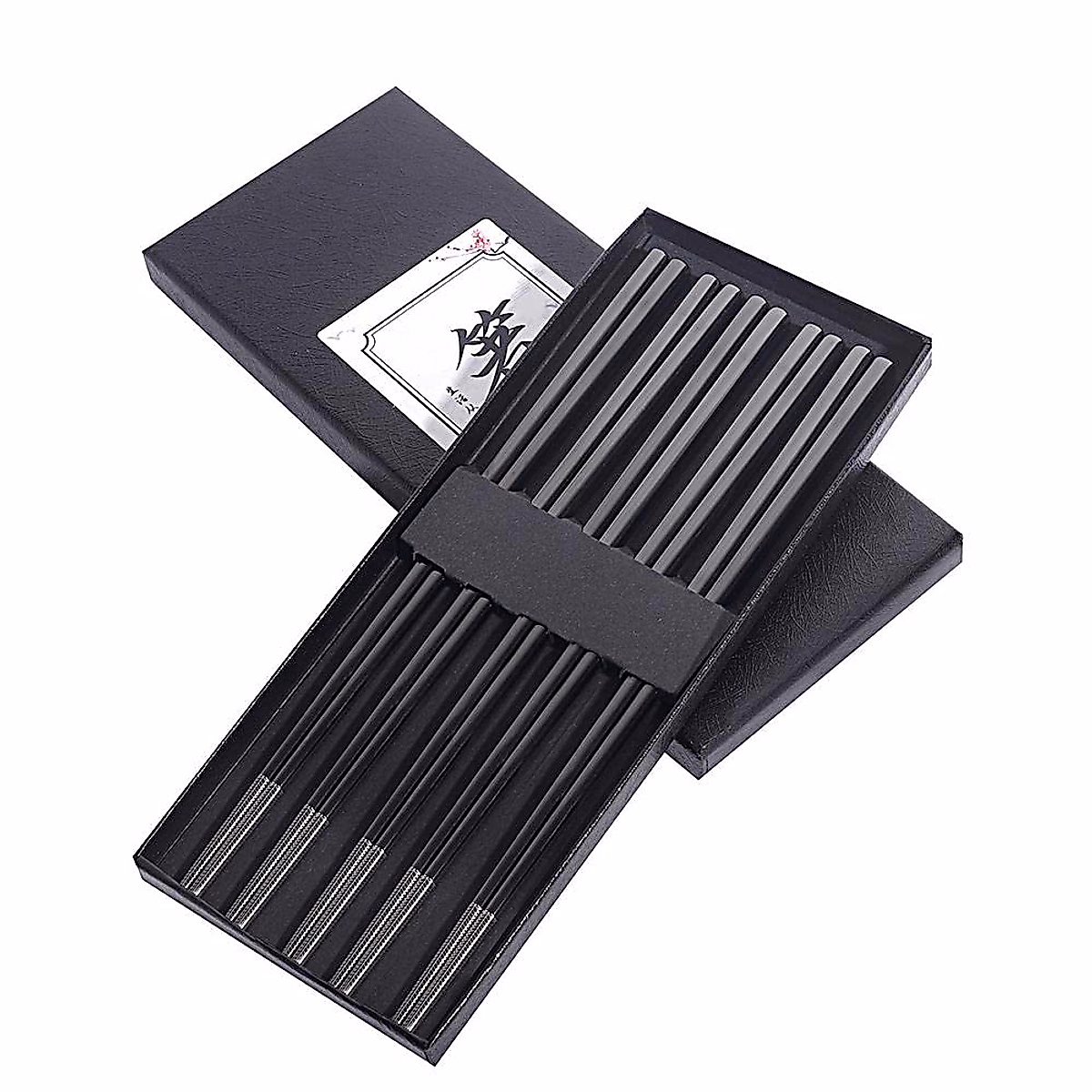 Metal Chopsticks Reusable Titanium Plated Stainless Steel Chopsticks Japanese Korean Chopsticks for Food & Cooking 9.5Inch Non-Slip for Beginners Square Laser Chopsticks 5 pairs Gift Set