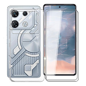 KJYFOANI for Infinix GT 10 Pro Case with 2 x Tempered Glass Screen Protector, Transparent Shockproof Solf Silicone Protection Case for Infinix GT 10 Pro, Case for Women Men, (6.67") - Crystal Clear