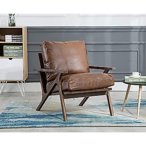 ZHENGHAO Brown PU Leather Accent Chair, Mid Century Retro Armchair Reading Chair for Small Space, Wood Frame Comfy Arm Chair for Living Room Bedroom Fireplace (Brown)