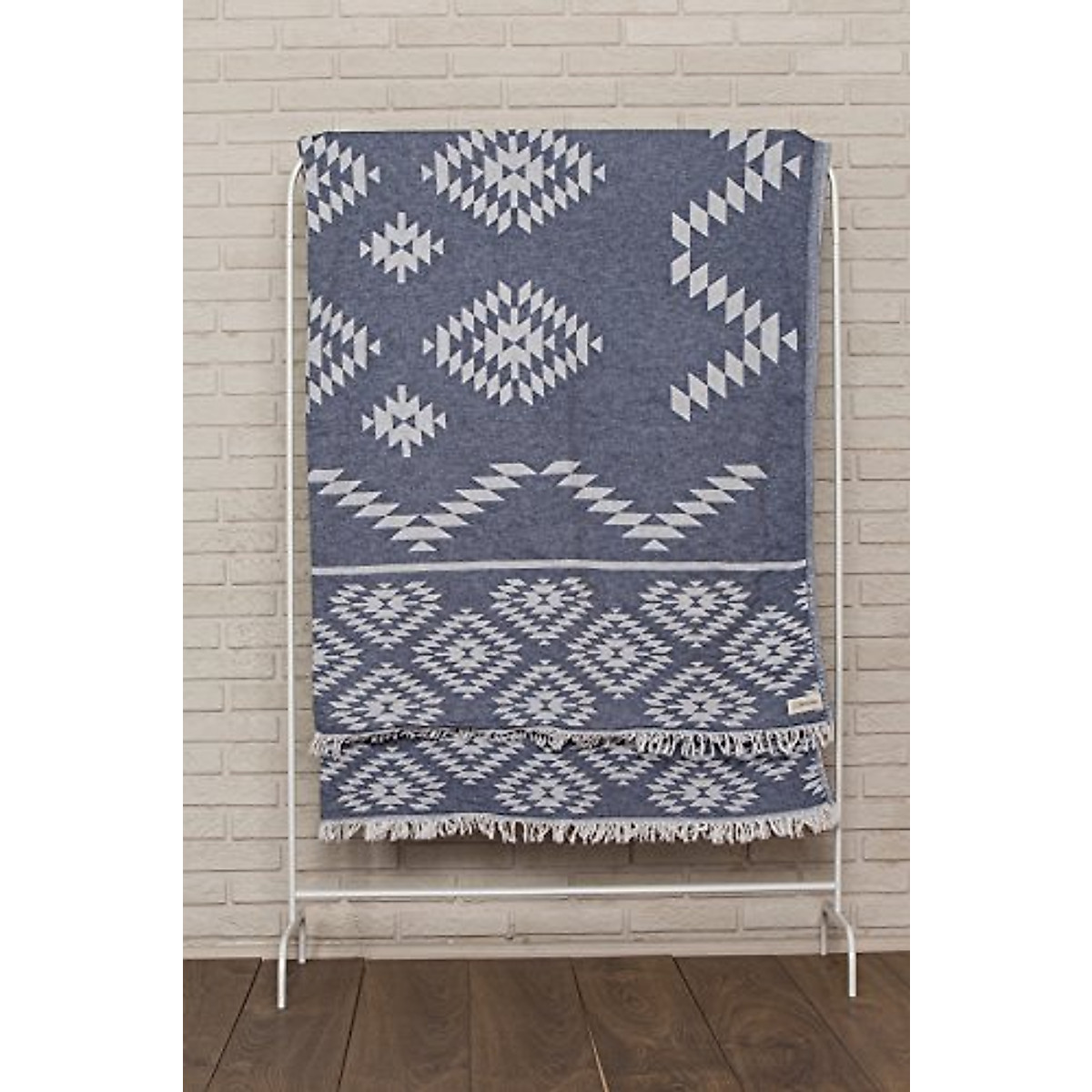Bersuse 100% Cotton Teotihuacan XL Throw Blanket Turkish Towel - 75x90 Inches, Dark Blue