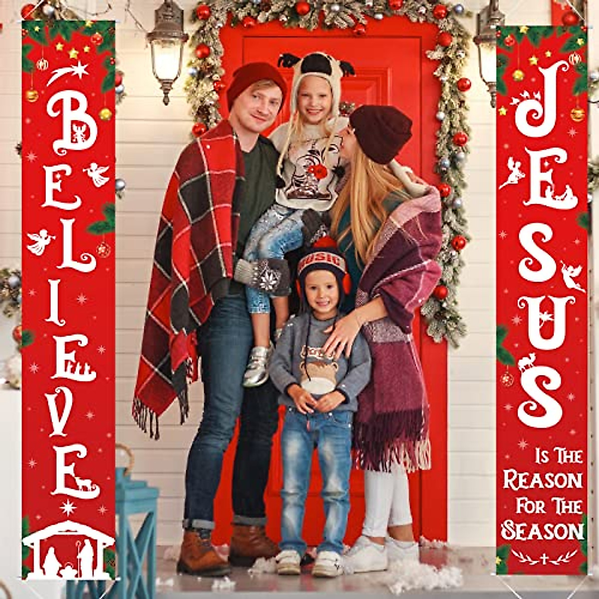 Christmas Front Porch Banners Religious Nativity Scene Sign Holiday Hanging Banner Xmas Decoration for Front Door Believe Jesus is The Reason for The Season 12 x 71 Inch