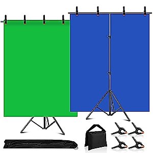MSKIRA Blue Green Screen Backdrop with Stand Kit, 6.5 X 6.5Ft T-Shaped Adjustable Photo Backdrop Stand 2-in-1 Reversible Blue Greenscreen Background, 4 Clamps, Sandbag