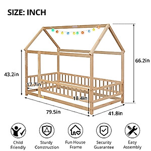 LLS Twin Size House Bed for Children Solid Wood Floor Bed Frame with Fence Guardrails and Roof Montessori Bed Playhouse Bed for Children Girls and Boys, Natural(No Bed Slats)