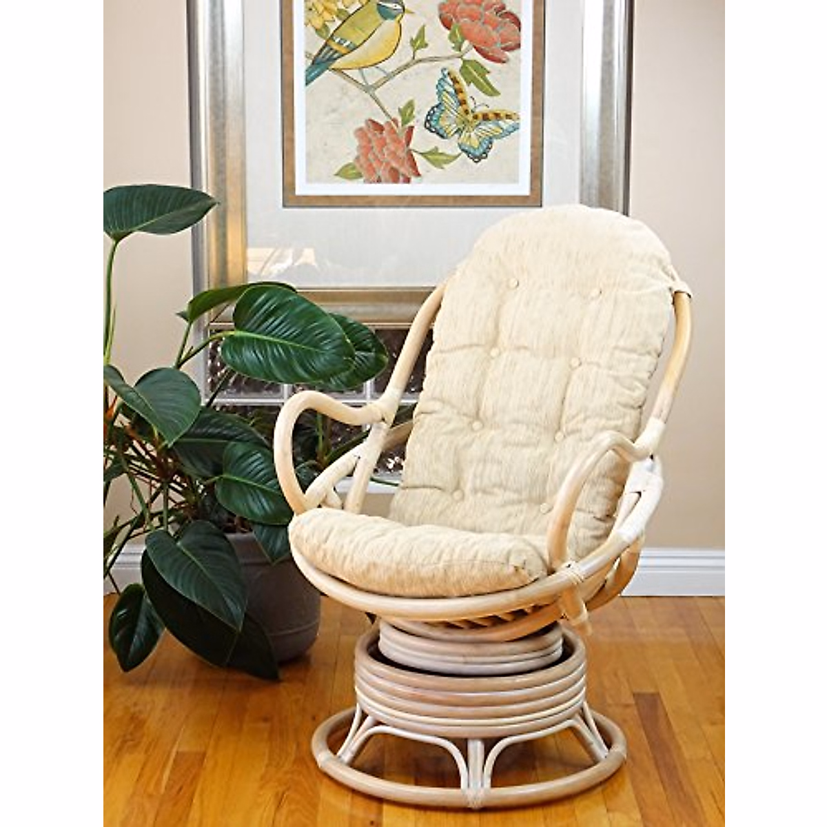 SK New Interiors Lounge Swivel Rocking Java Chair Rattan Wicker Handmade with Cream Cushion, White Wash