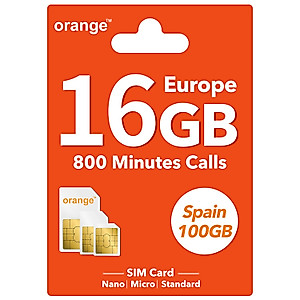 Orange Europe Prepaid SIM Card - 16GB Internet Data in 4G/LTE + 800 Mins Call in Europe, 100GB + 800 Mins Calls in Spain, Europe SIM Card for 28 Days, Supported Hotspot, Standard/Micro/Nano