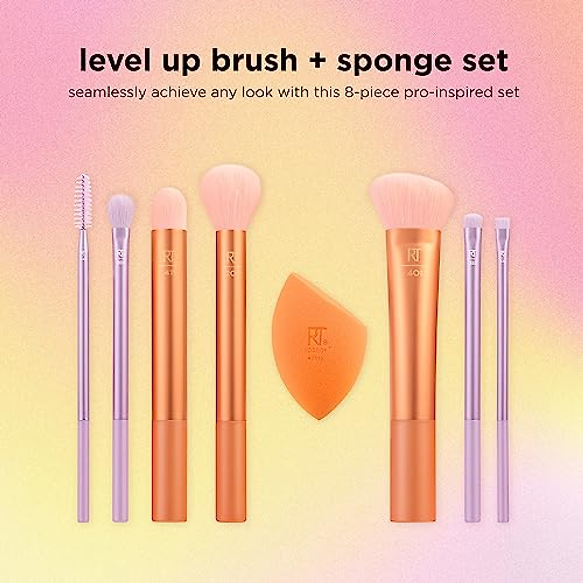 Real Techniques 8 Piece Level Up Brush And Sponge Set, Makeup Brushes For Eyeshadow, Foundation, Blush, & Bronzer, Makeup Blending Sponge, Synthetic Bristles, Stocking Stuffer, Cruelty-Free