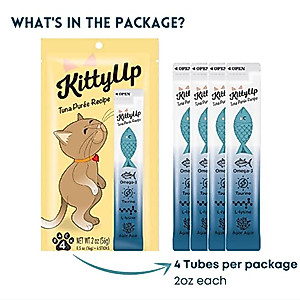 Kitty Up - Lickable Cat Treat Pouches for Indoor Cats - All Natural Tuna Puree Tube Treats - Kitten and Senior Soft Wet Cat Food - Limited Ingredient - Grain Free, Lysine, Taurine; 12 tubes .05 oz ea.