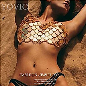 Yovic Boho Silver Body Chain Sexy Sequins Bra Chains Bikini Dress Chest Chain Harness Halter Backless Top Rave Nightclub Party Body Jewelry for Women and Girls(D)