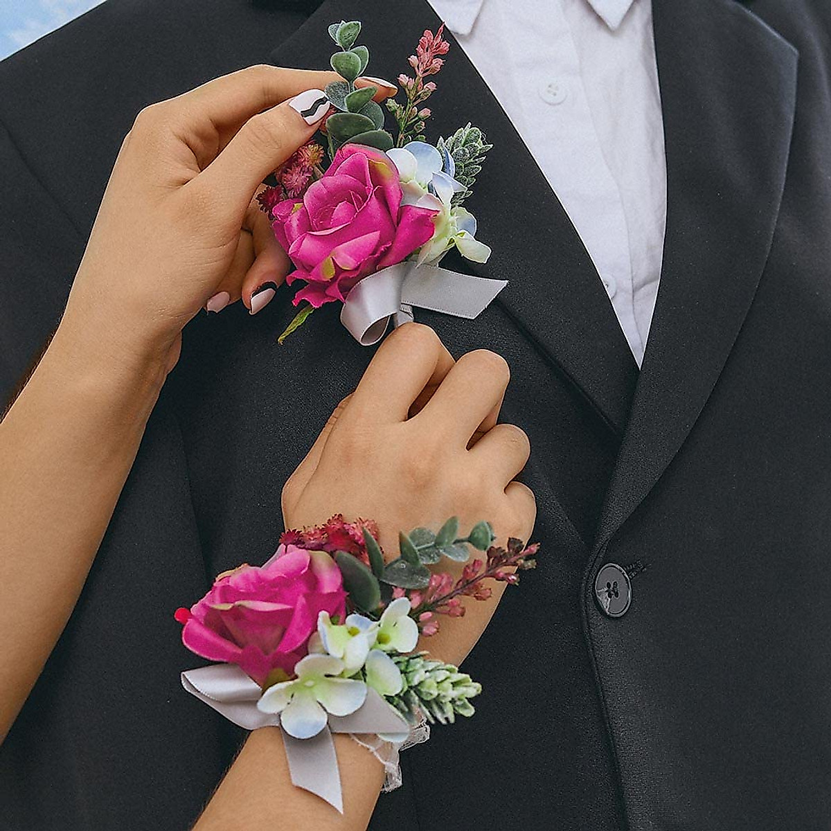 Campsis Wedding Corsage Boutonniere Set Pink Rose Flower Wrist Bride Buttonholes Flower Decor Bride Girls Lady Accessories for Prom and Dinner Party(2pcs)