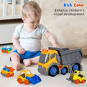 Car Toys for 2 3 4 5 Years Old Toddlers Boys and Girls,12‘’ Big Dump Truck with Light and Sound, Push and Go Small Bulldozer Forklift truck, Vehicles Playset for Christmas Birthday Gift