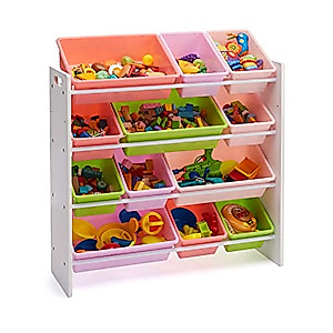 Amazon Basics Kids Toy Storage Organizer With 12 Plastic Bins, White Wood With Pink Bins, 10.9" D x 33.6" W x 31.1" H