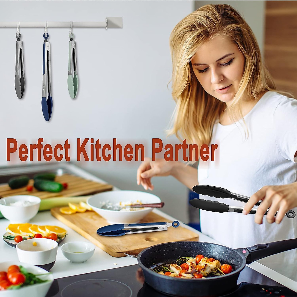 EEKEDO Kitchen Tongs, Stainless Steel Silicone Tongs for Cooking 600ºF High Heat-Resistant BBQ Grilling Locking Tongs, Set of 2-9" and 12" Classic Blue