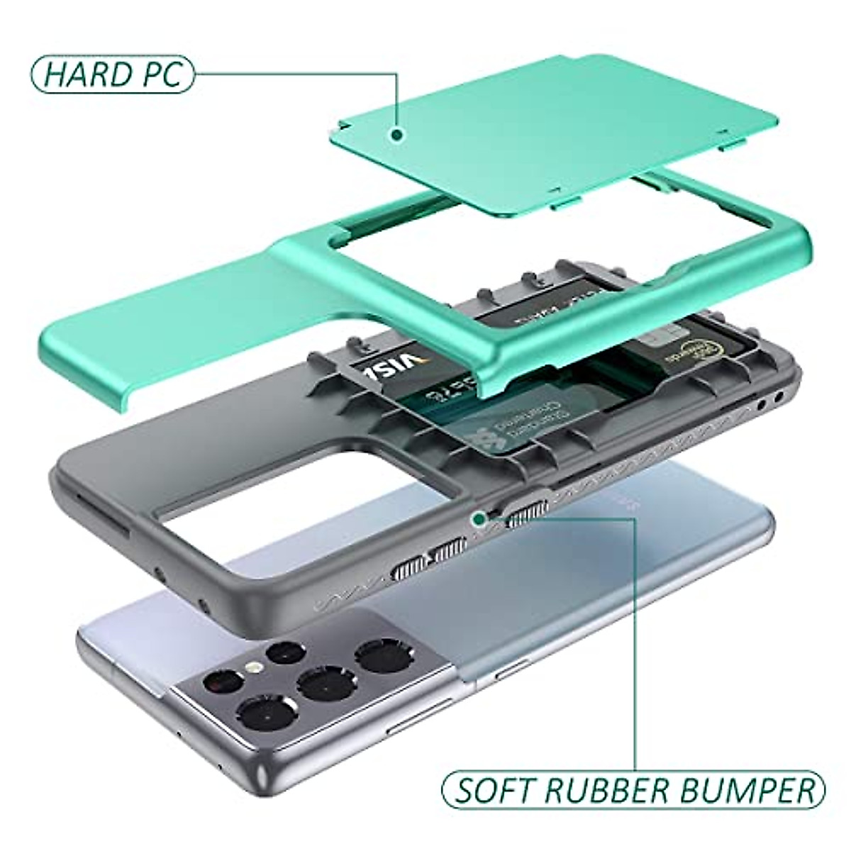 WeLoveCase for Samsung Galaxy S21 Ultra Wallet Case with Credit Card Holder & Hidden Mirror, Defender Protective Shockproof Heavy Duty Phone Cover for Samsung Galaxy S21 Ultra 5G, 6.8 inch Mint