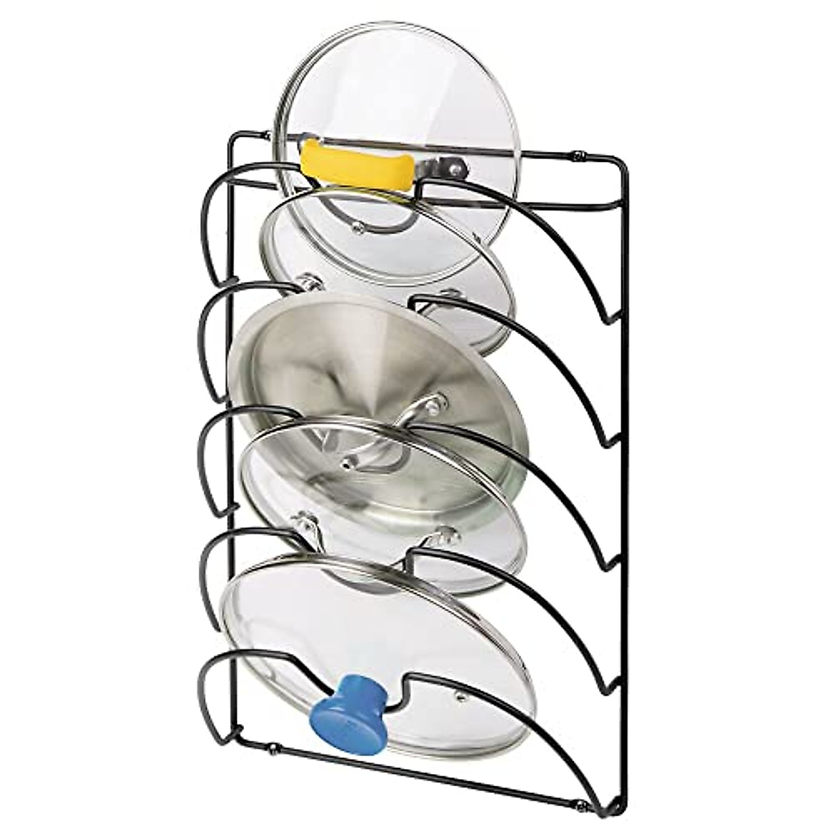 mDesign Metal Wire Pot and Pan Lid Rack Organizer for Kitchen Cabinet Doors or Wall Mount - Upright Storage Holder with 5 Slots - Black