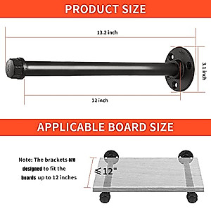 Pipe Shelf Brackets 12 Inch, Industrial Iron Pipe Floating Shelf Bracket Heavy Duty Metal Shelving Brackets for Shelves- 6 Pack Black (12 inch-6 Pack)