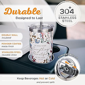 Christian Art Gifts Large Travel Tumbler for Women Stainless Steel Vacuum Insulated Inspirational Scripture: Everything Beautiful, Lid, Straw, White & Pink Floral, 18 oz.