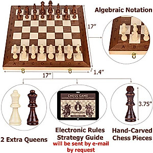 Wooden Chess Set for Kids and Adults – 17 in Staunton Chess Set - Large Folding Chess Board Game Sets - Storage for Pieces | Wood Pawns - Unique E-Book for Beginner - 2 Extra Queens