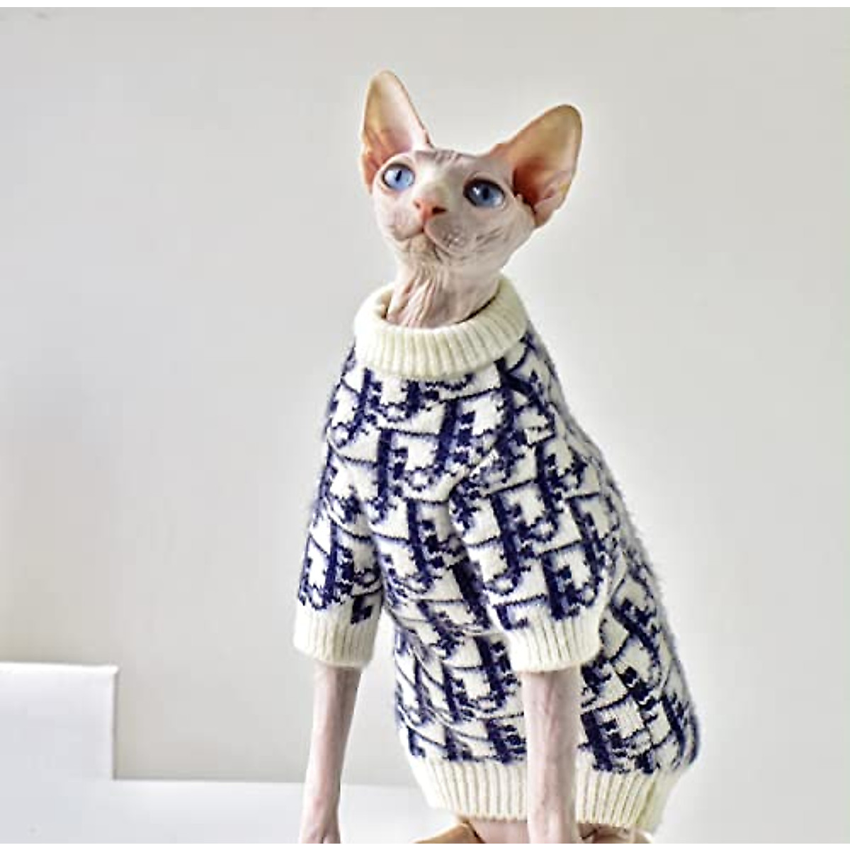 Sphynx Cat Clothes,Sphynx Hairless Cats Turtleneck Sweater Blue Line Aesthetic Design, Breathable Cat Wear Clothes Sweater for Sphynx, Cornish Rex, Devon Rex, Peterbald (L)