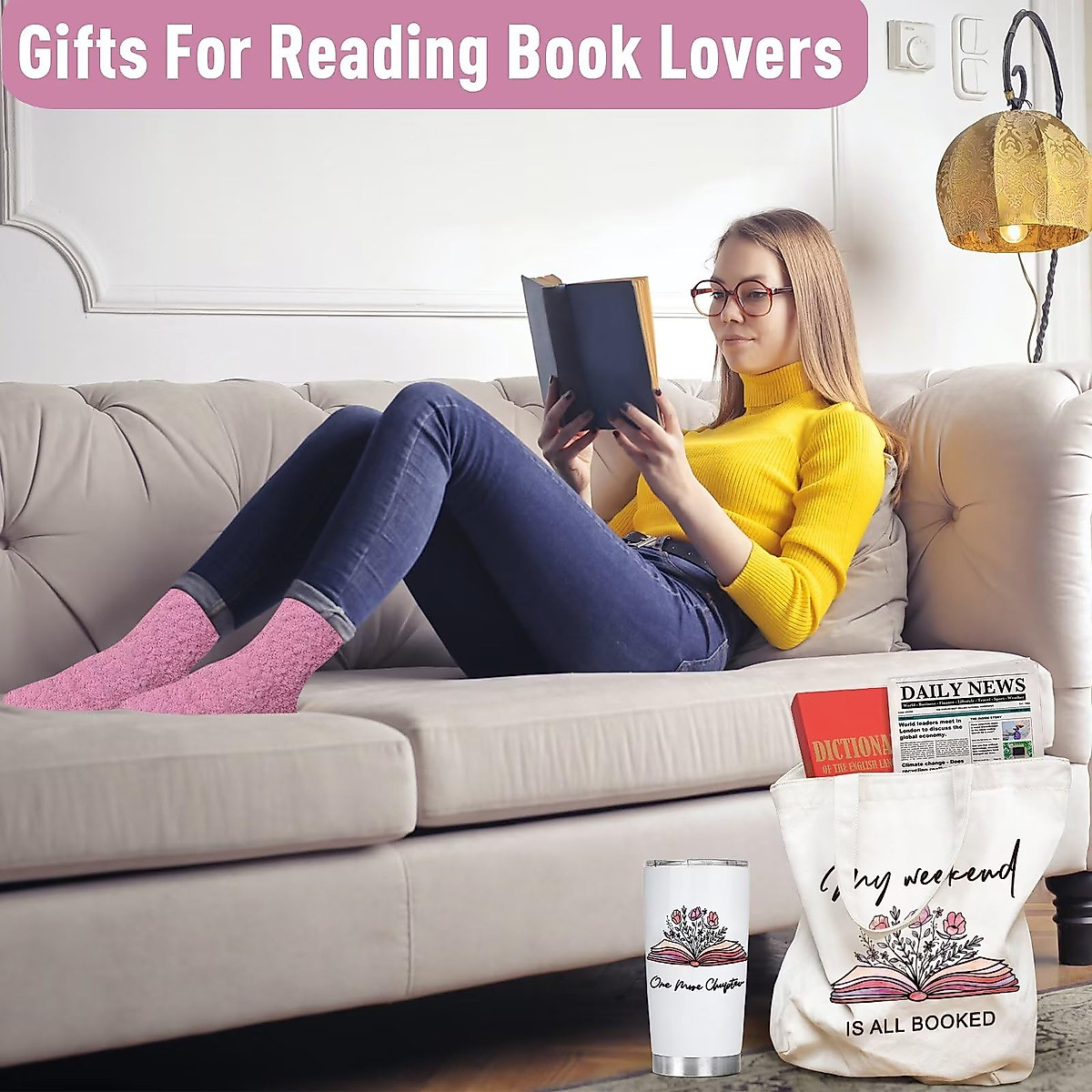 Gifts For Book Lovers - Book Accessories For Reading Lovers Include Canvas Tote Bag, 20oz Book Tumbler, Pink Sock, Bookmarks - Book Club Gifts For Readers Librarian Bookworms Friends Family