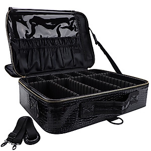 Oewoer Travel Makeup Train Case PU Leather Professional Makeup Case 16" with Adjustable Strap Portable Cosmetic Organizer Artist Storage Bag for Toiletry Jewelry Digital Accessories (L-Black)