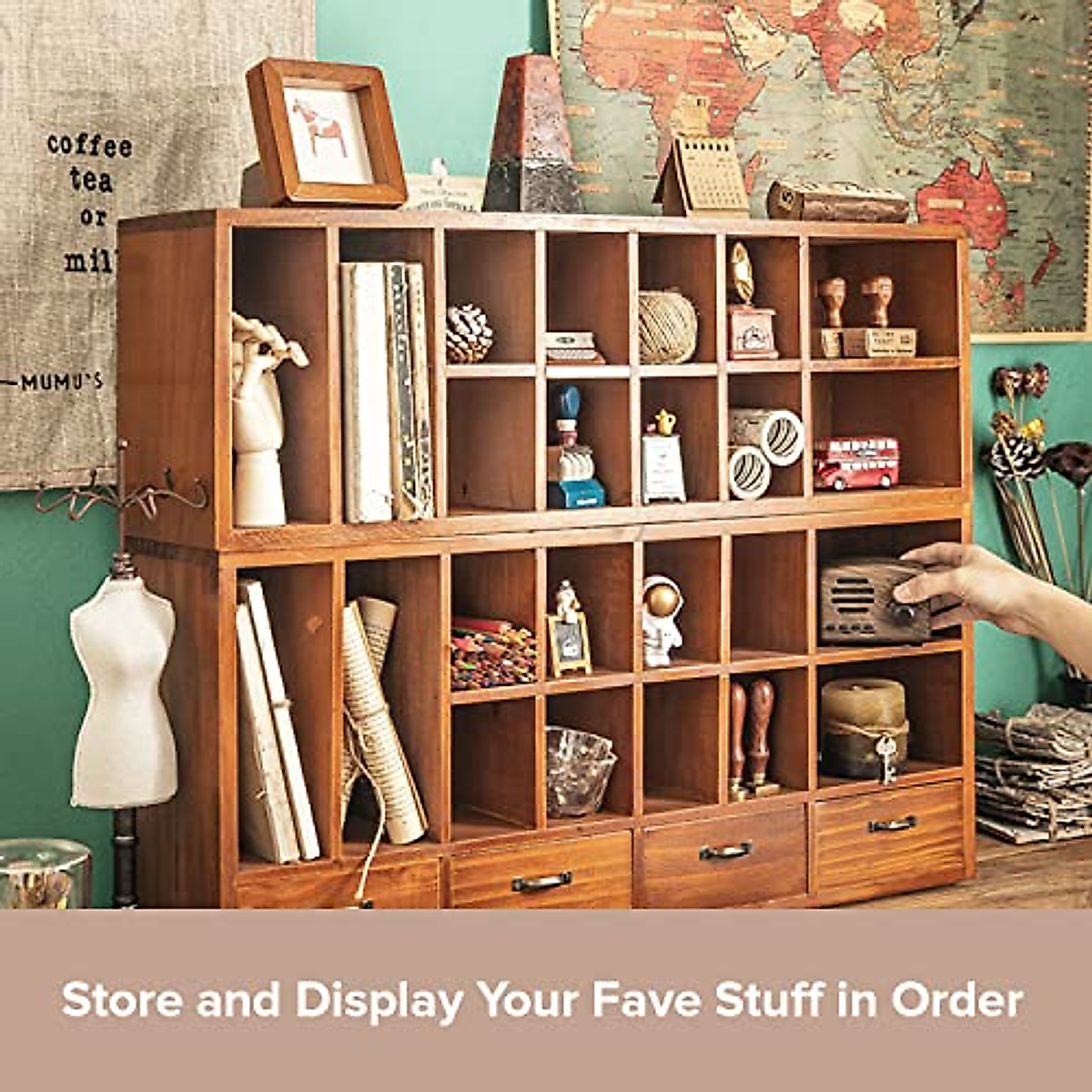 Wood Cabinet Floating Shelves (Set of 2) - Includes 1 Cubby Shelf w/ 12 Slots & 4 Drawers and 1 Wide Wooden Shelf - Stackable Farmhouse Decor Walnut Wood Cabinet - Total of 26 Compartments