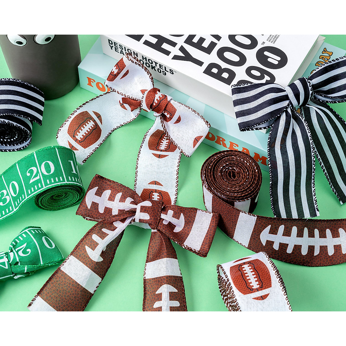 H1vojoxo Football Wired Edge Ribbon - 4 Rolls 24 Yards Brown Green Football Burlap Ribbon for Football Game, Rugby Pastel Wired Ribbon for Bow Wreaths, Football Theme Fabric Ribbon for DIY Craft