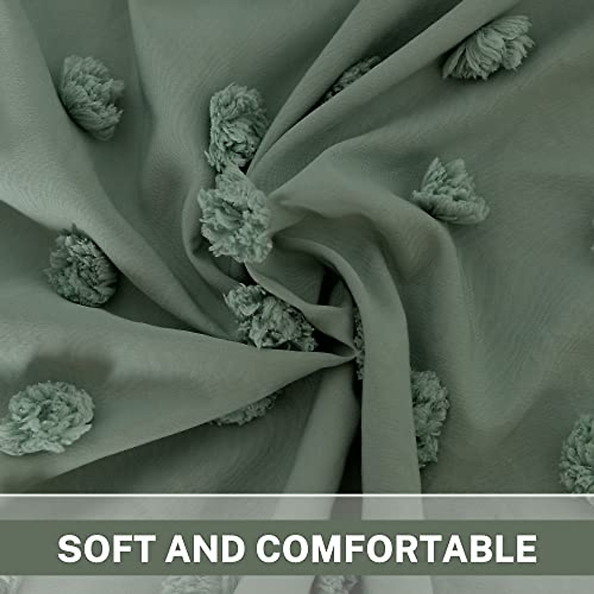 Siiluminisoy Green Boho Shower Curtain Woven Fabric Cute Shower Curtain, 72 x 72 Tufted Pleat Floral Textured Modern Farmhouse Minimalist Shower Curtain Set with Hooks for Bathroom