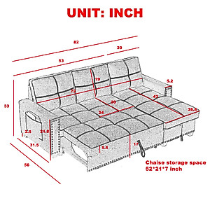BIADNBZ 82" Modern Sleeper Sectional Sofa Bed with Reversible Storage Chaise Lounge，3-Seater Upholstered Couch with Side Pockets for Living Room Apartment,Pull-Out Design, Black