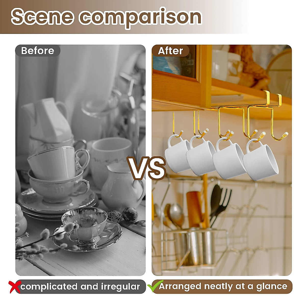 KALYLOC Coffee Mug Holder Under Shelf, Durable 8 Hooks Coffee Mug Hangers Under Cabinet, Champagne Cup Hanger Organizer for Kitchen Utensils Scarf Keys Storage