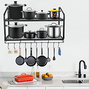 Amtiw Hanging Pot Rack, 2 Tier Pan Rack, Wall Mounted Pot Holders for Kitchen Storage, Pot and Pan Organizer with 10 Hooks, Ideal for Pans Set, Utensils, Cookware, Household
