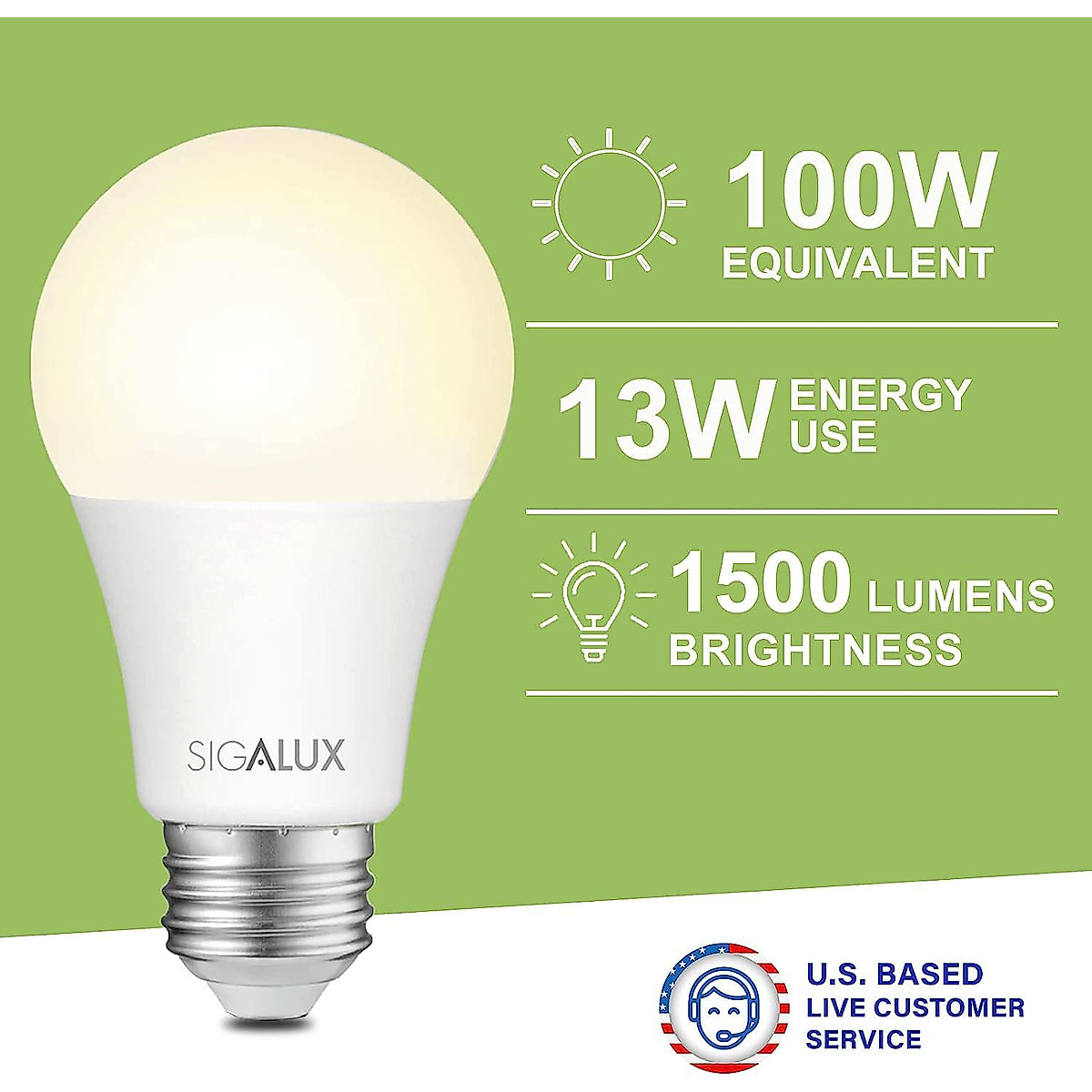 Sigalux LED Light Bulbs 100 Watt Equivalent Standard Warm Light Bulbs 2700K Soft White, Non-Dimmable A19 Nature Energy Saving 13W E26 Medium Base Bulb, High Brightness 1500 Lumens, UL Listed, 6 Packs