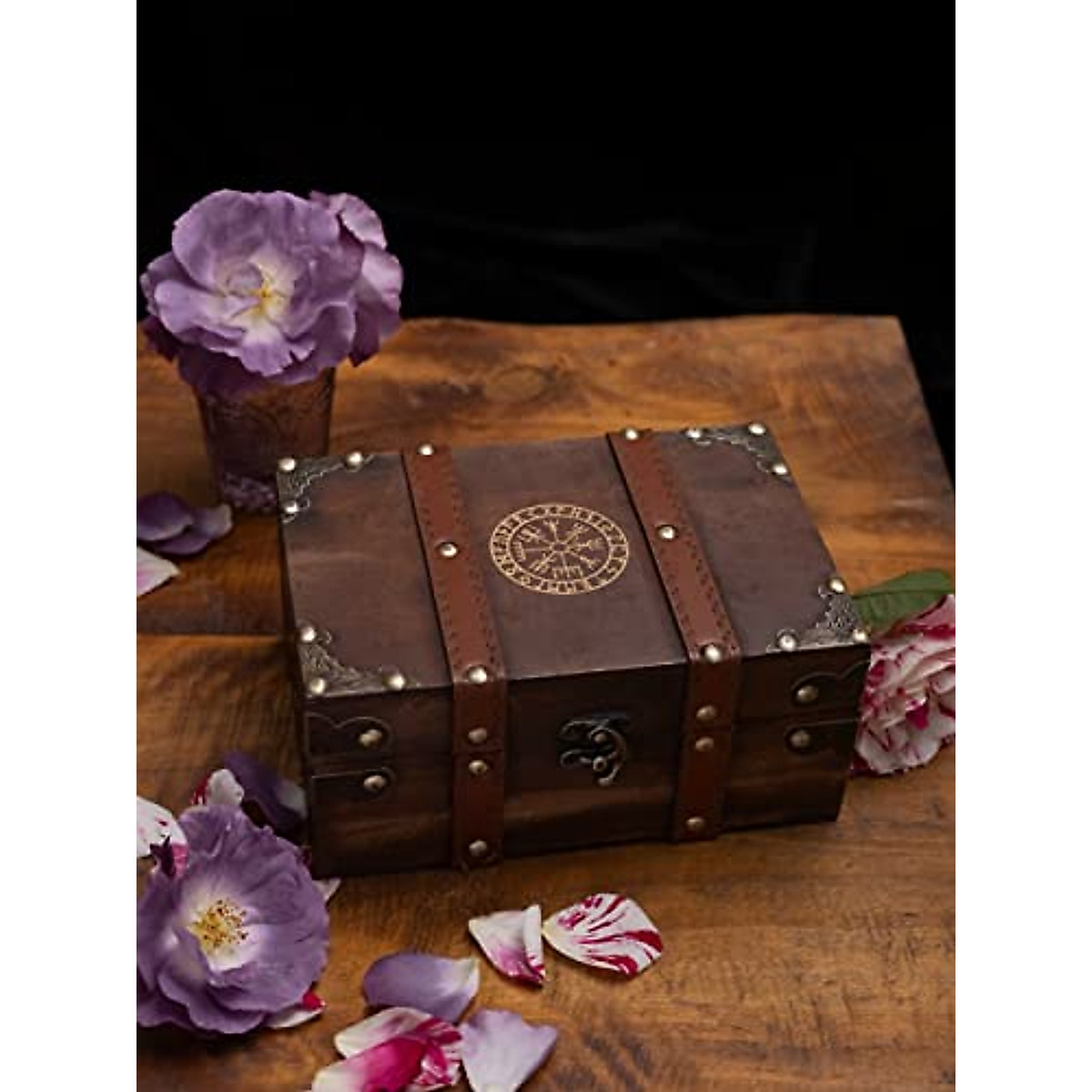 Gbrand 8.3" Wood and Leather The Runic Viking Compass Chest Box, Vegvisir Engraved Wooden Treasure Box with Velvet Lining, Vintage Tarot Box (Box Only)