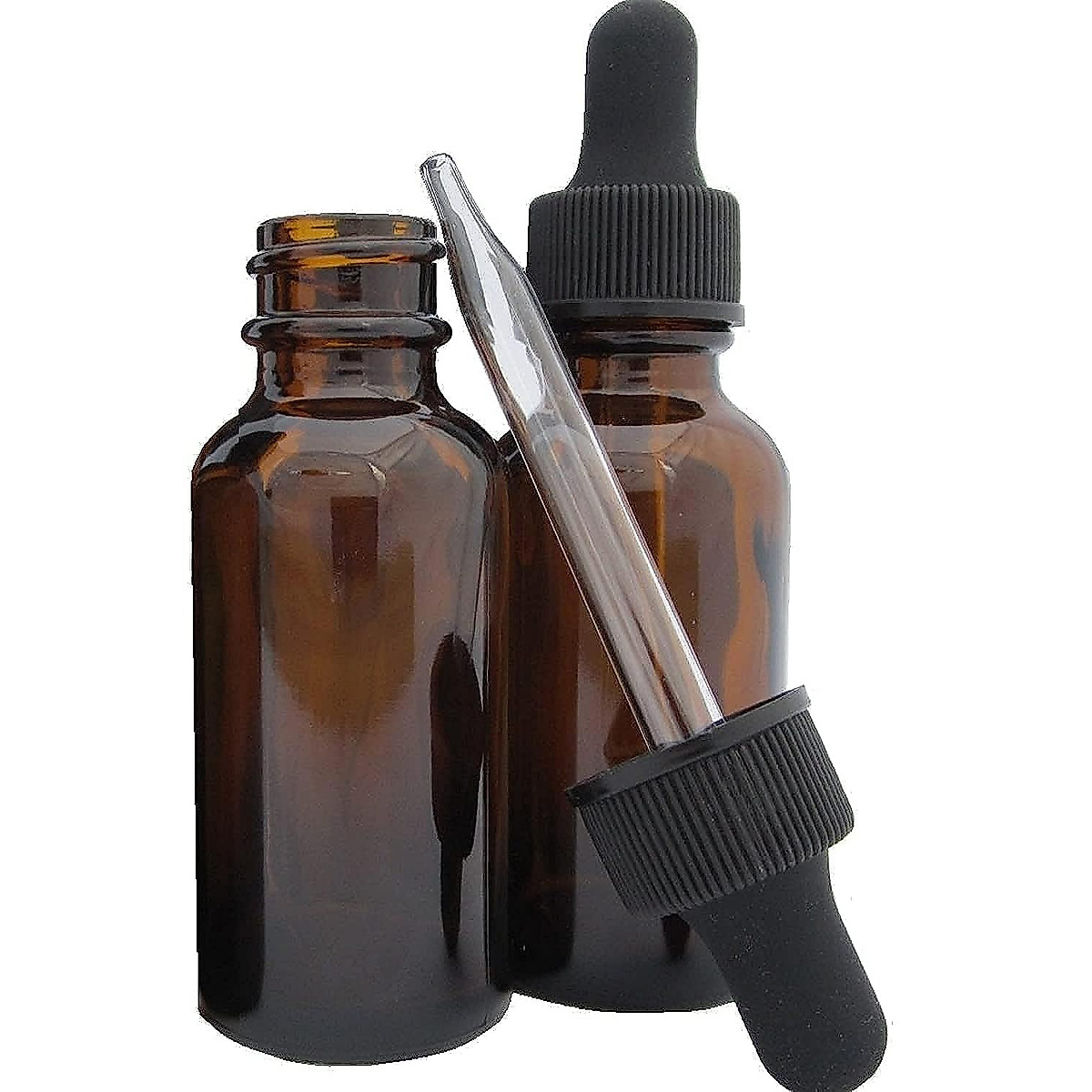 DropperStop™ 1oz Amber Glass Dropper Bottles (30mL) with Tapered Glass Droppers - Pack of 2