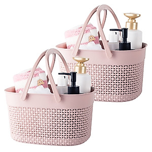rejomiik 2 Pack Plastic Shower Caddy Basket, Portable Organizer Storage Tote with Handles Toiletry Bag Bin Box for Bathroom, College Dorm Room Essentials, Kitchen, Camp, Gym, Pink