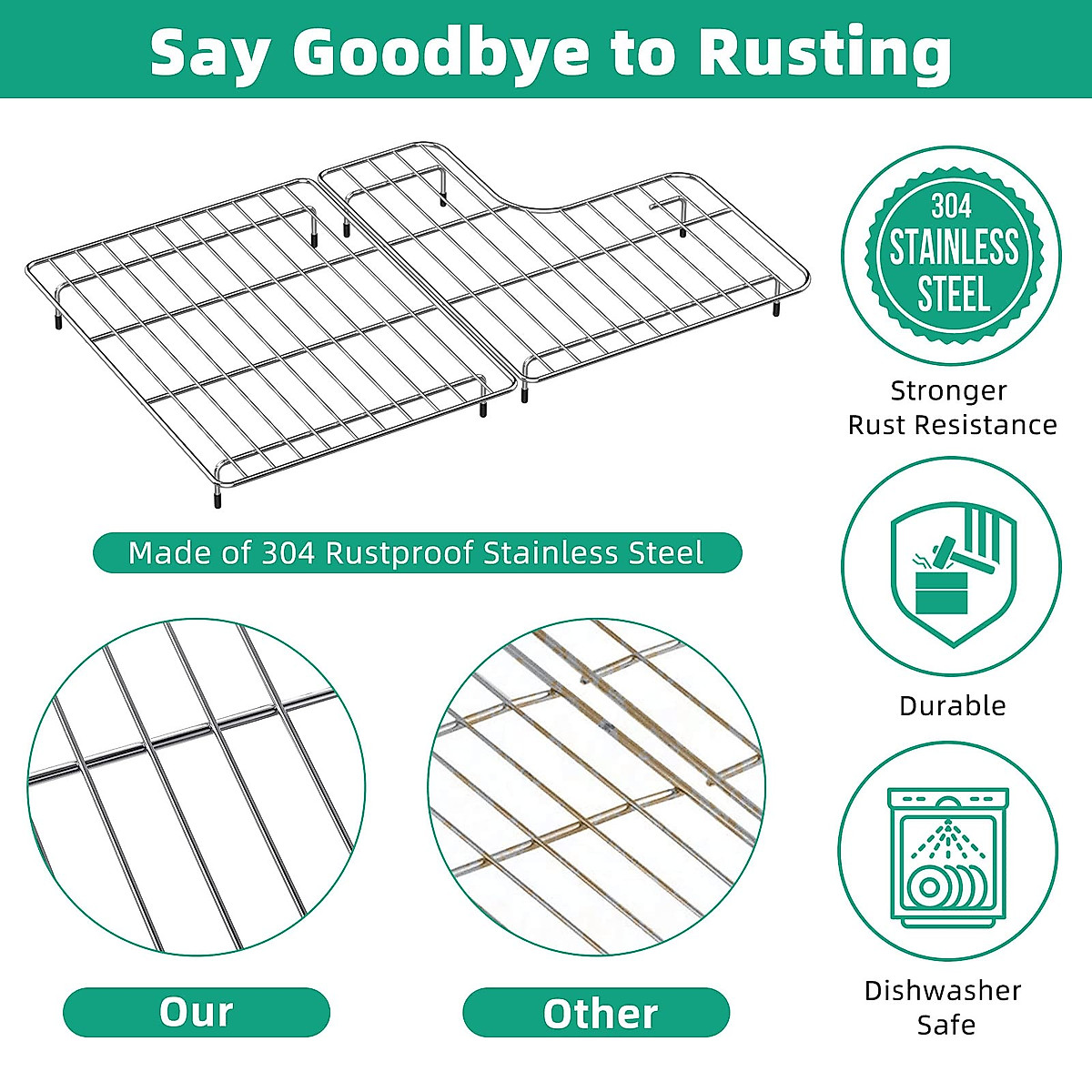 Dreyoo Sink Racks Compatible with Kohler Whitehaven K-6486 and K-6487 Sink, 304 Stainless Steel Sink Protectors for Kitchen Sink with 9 Additional Rubber Feet, 14.68 x 23 x 1.61 in (Classic Style)