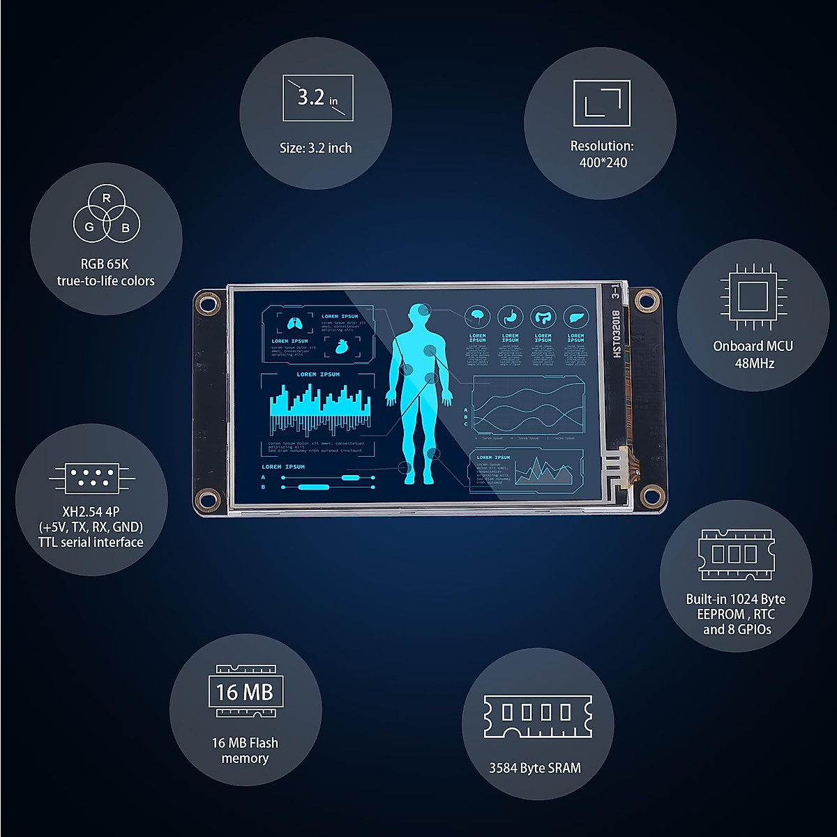 Nextion 3.2″ HMI Display Enhanced Series NX4024K032 Resistive LCD-TFT Touch Screen 400 * 240, Nextion Display with RTC Function and 8 Digital GPIOs, Suitable for Racing Dashboard, MMDVM, etc.