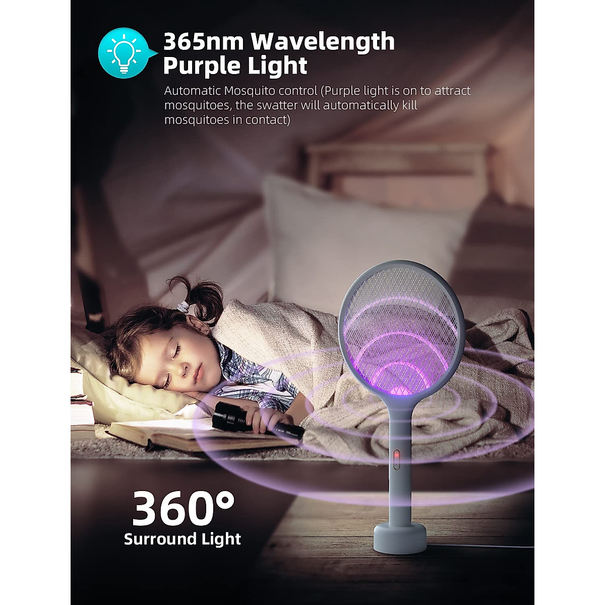 YISSVIC Electric Fly Swatter 4000V Bug Zapper Racket Dual Modes Mosquito Killer with Purple Mosquito Light Rechargeable for Indoor and Outdoor Home Office Backyard Patio Camping (1 Pack)