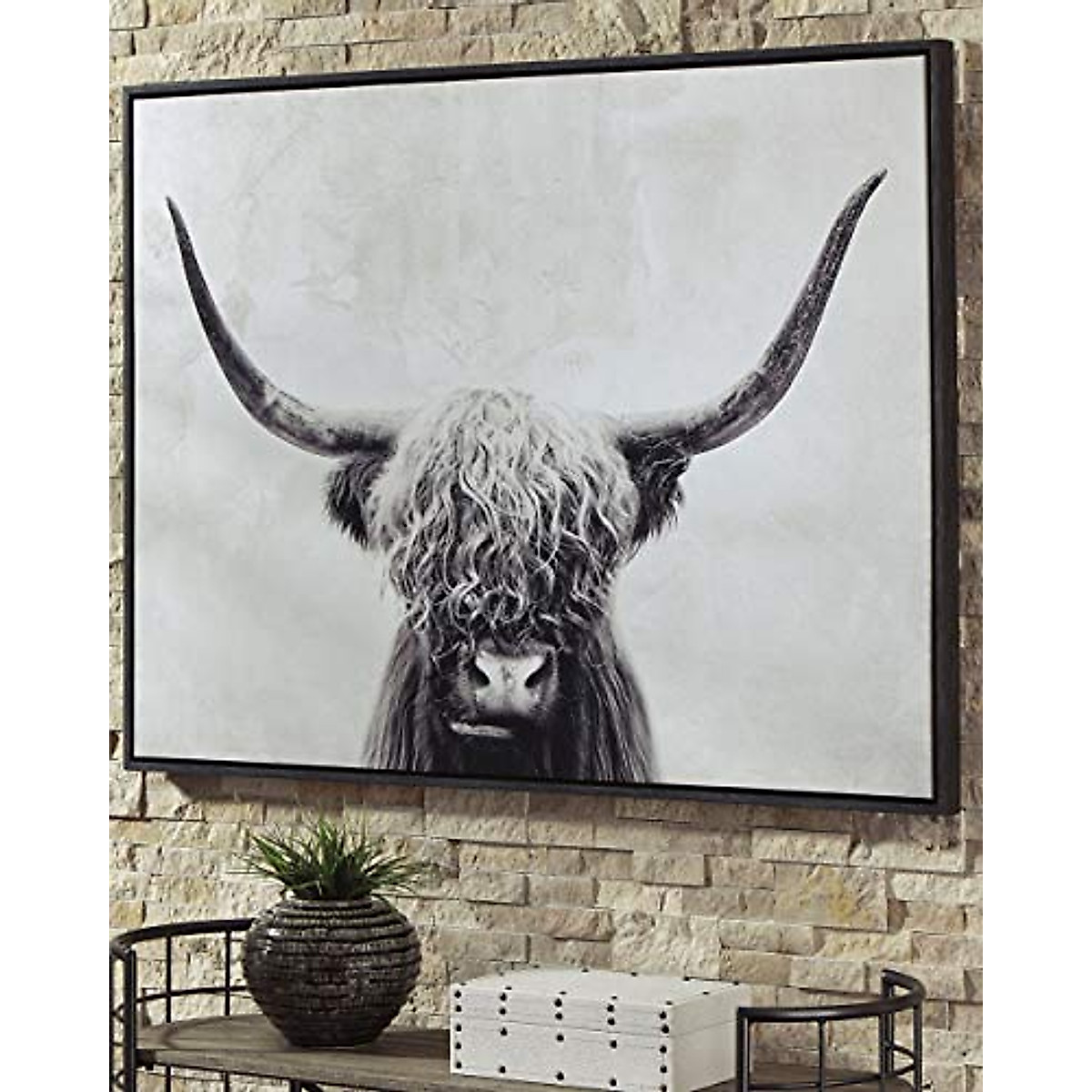 Signature Design by Ashley Pancho Modern Framed Cow Canvas Wall Art, 48 x 36, Black & White
