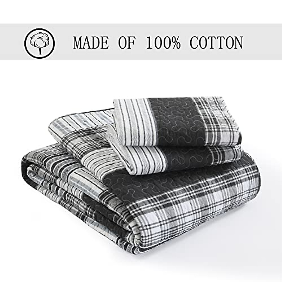 YUMIYUSHI Quilt King Size - Cotton King Quilt Set,White Black Gray Striped Plaid King Quilt Bedding Set,Farmhouse Patchwork Bedspreads,Lightweight Reversible Comforter for All Season,3-Piece