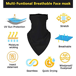Kyerivs 2 Pieces Black and Gray Face Mask Reusable Washable Cloth Bandanas Women Men Neck Gaiter Cover Ear Loops for Dust