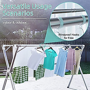 YACASA Clothes Drying Rack, 79 inch Heavy Duty Stainless Steel Laundry Drying Rack, Foldable &Length Adjustable Space Saving Garment Rack, with 20 Windproof Hooks.