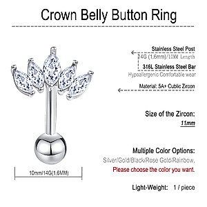 FLYUN Crown Belly Button Ring, Reverse Navel Ring, Tiara Gold Belly Ring Dainty Belly Piercing Barbell Small Belly Jewelry Cartilage Earring (8MM, Silver)