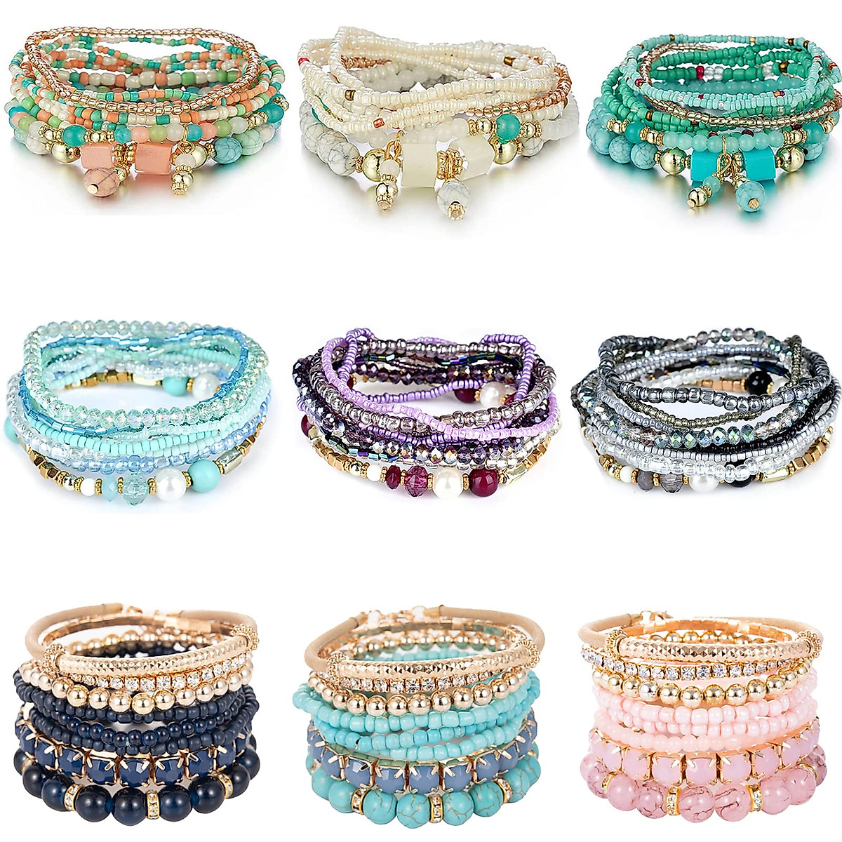 SAMOCO 9 Sets Bohemian Stackable Bead Bracelets for Women Stretch Multilayered Bracelet Set Multicolor Jewelry