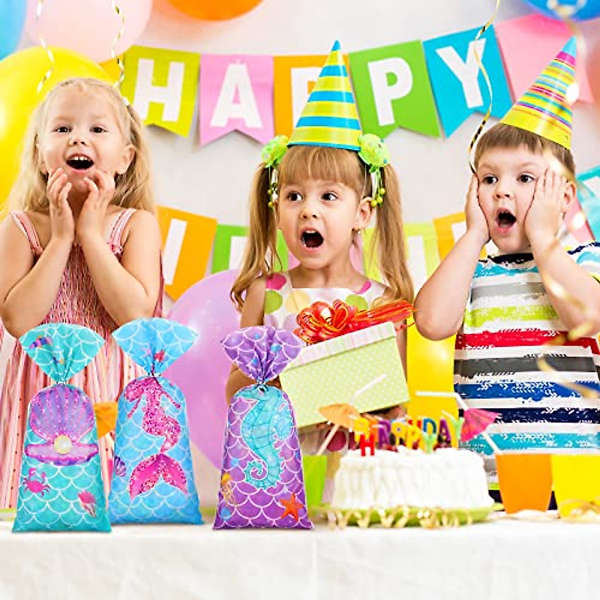 Hotop 100 PCS Mermaid Cellophane Bags Mermaid Gift Treat Bags Mermaid Goodie Candy Bags 150 Ties Mermaid Party Favor Bags Birthday Party Decorations Supplies Mermaid Theme Baby Shower Party Serves