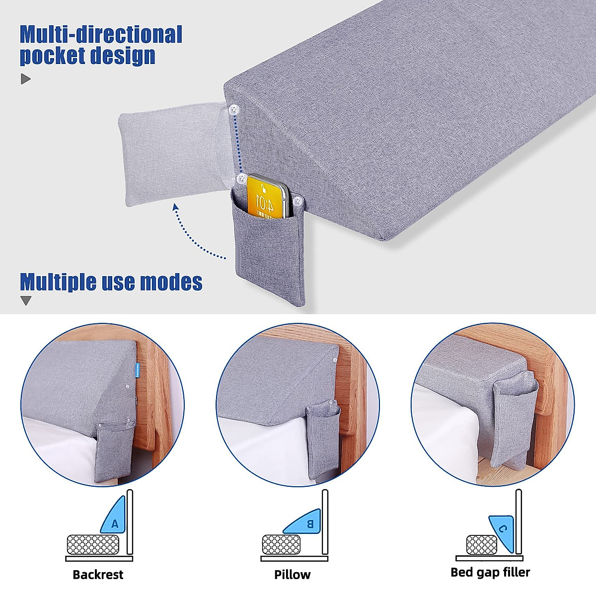 banflower Bed Wedge Pillow for Headboard Multi-Use Bolster Pillow Bed Gap Filler (0-6") Between Mattress and Headboard or Wall (Gray Twin 39"x10"x6")